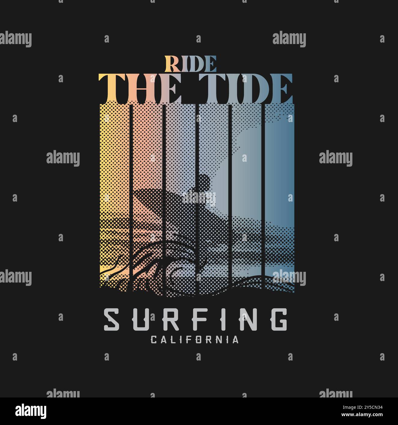 Ride the tide retro surfing california print poster design Stock Vector ...