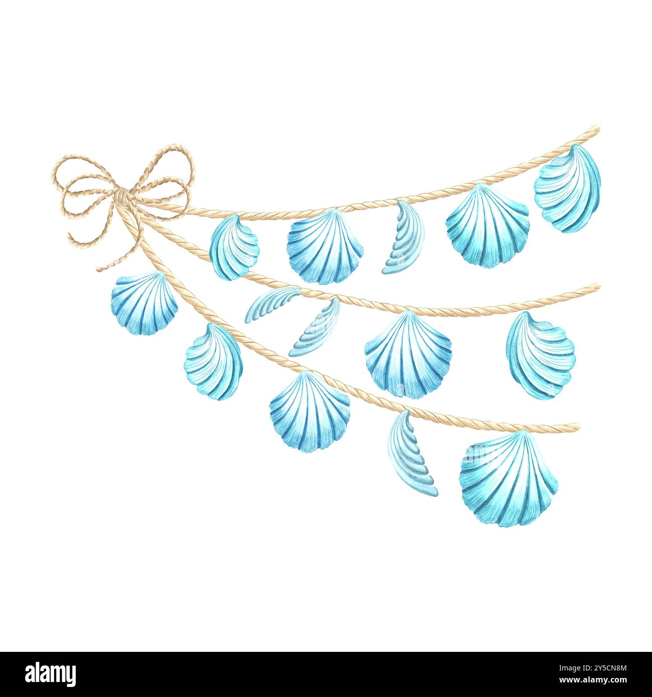Turquoise seashells are hung on rope with bow. Hand drawn watercolor ...