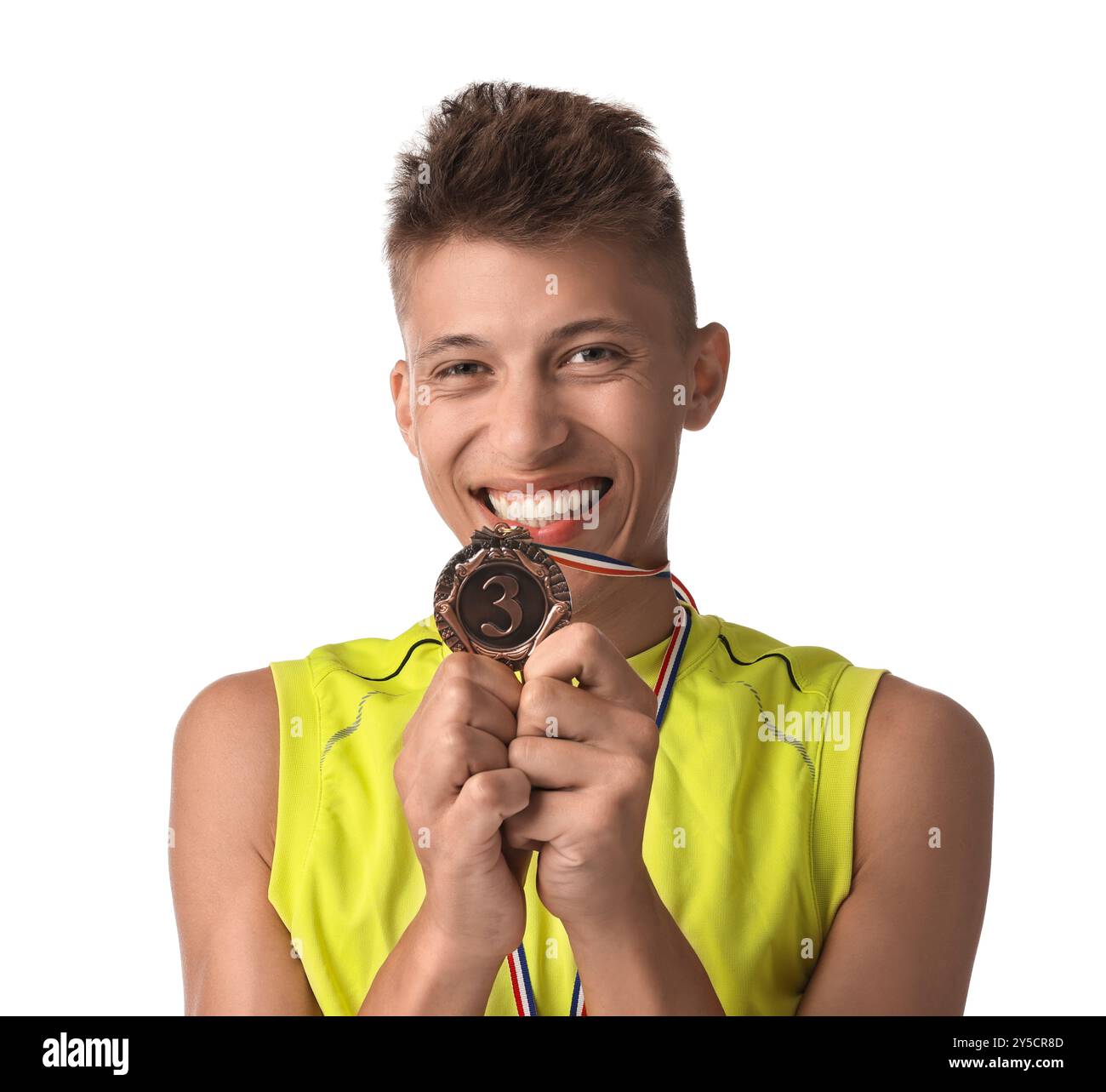 Happy winner with bronze medal on white background Stock Photo - Alamy