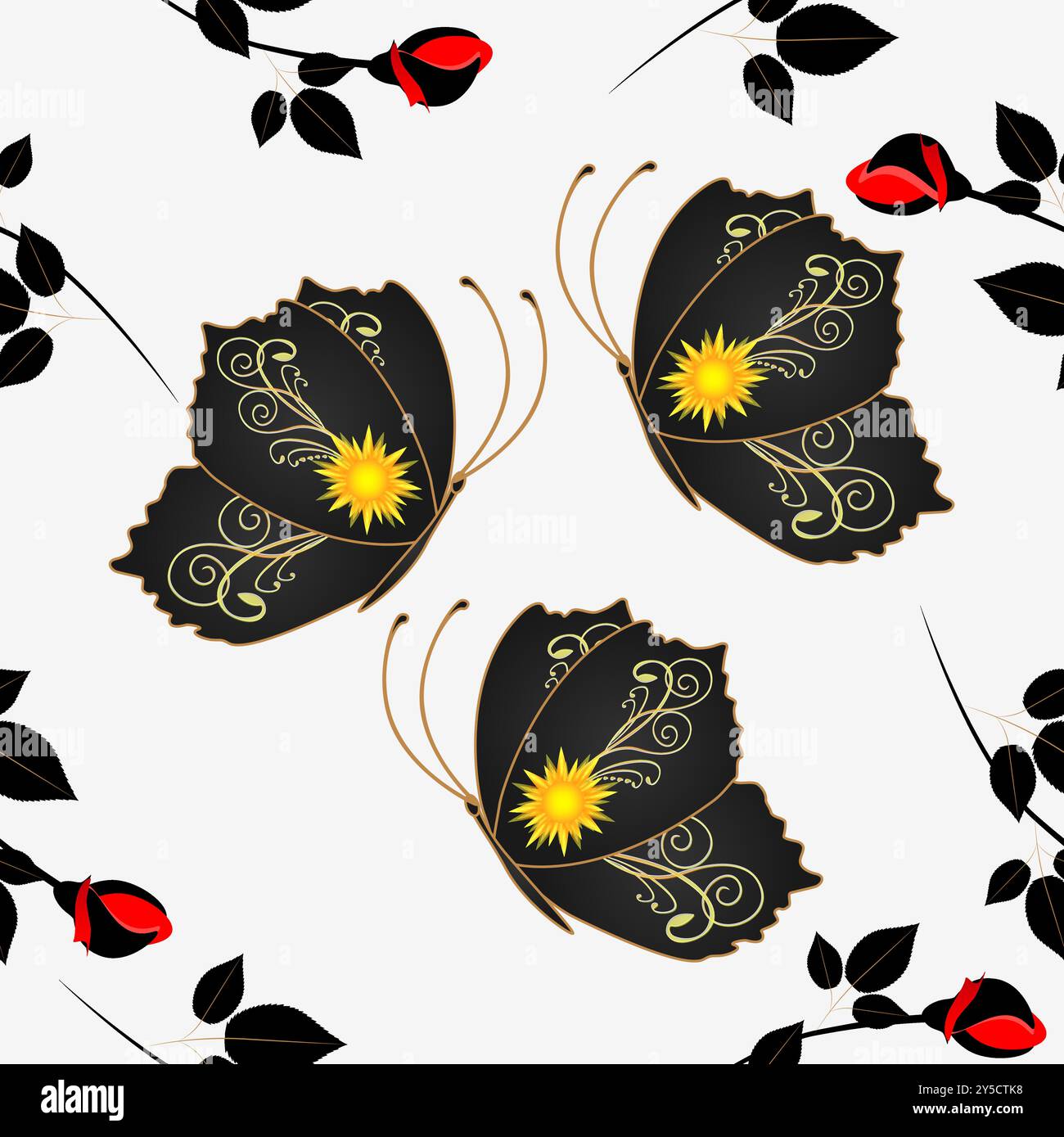 Three butterflies with branches of roses on a white background ...