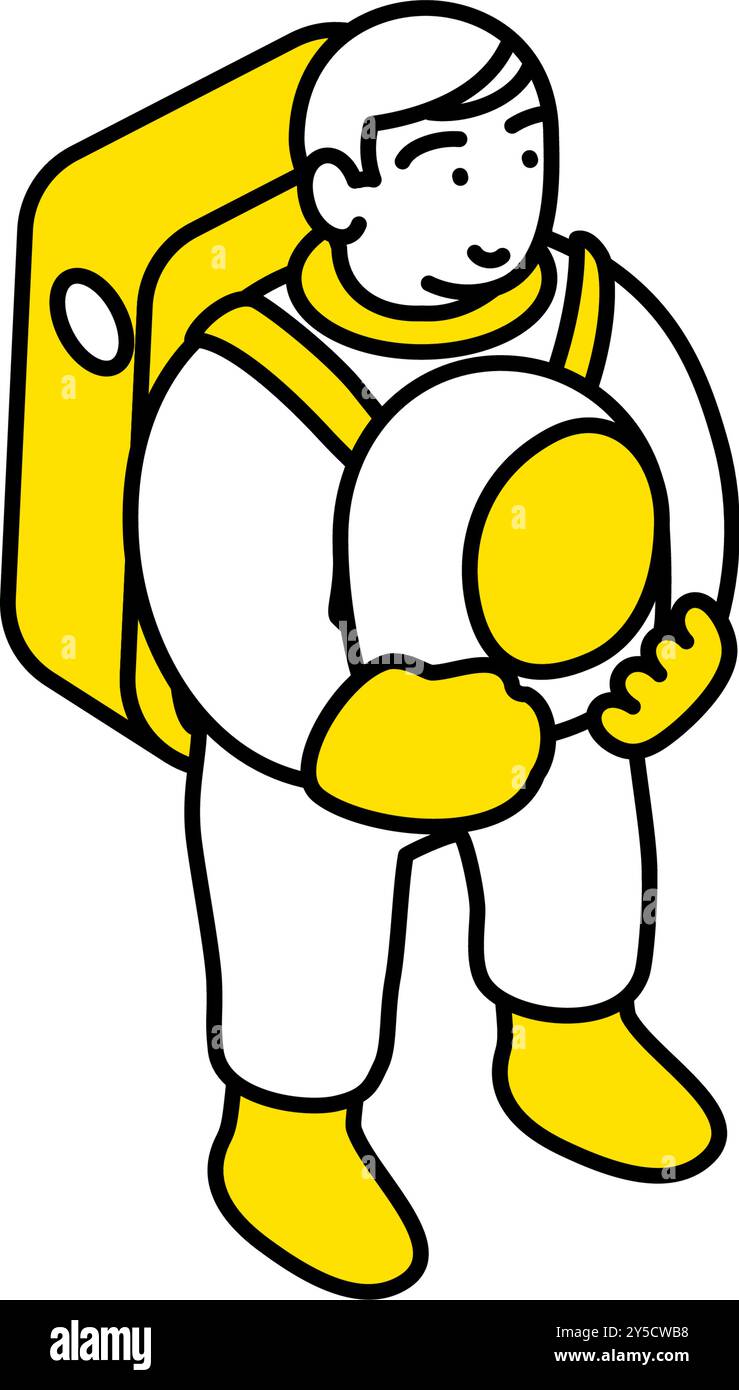 Astronaut standing holding helmet simple line drawing, isometric ...