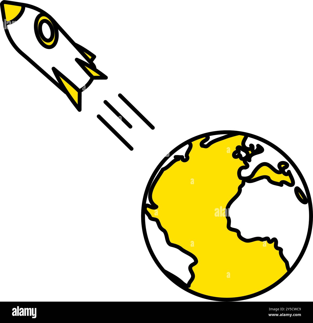 Simple line drawing of a launch rocket flying from earth, isometric ...