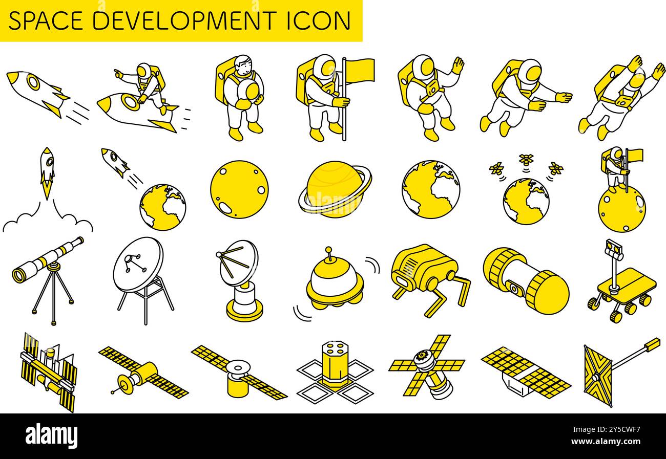 Simple line drawings of astronauts, satellites, and other space ...