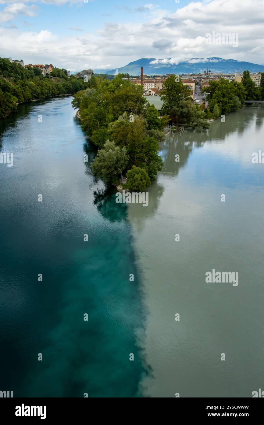 Geneva, Switzerland, Europe - Jonction - place where two rivers Rhone ...