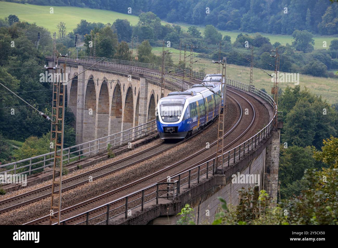 Eisenbahnverkehr auf dem Eisenbahnviadukt Altenbeken. Regionalbahn Zug ...