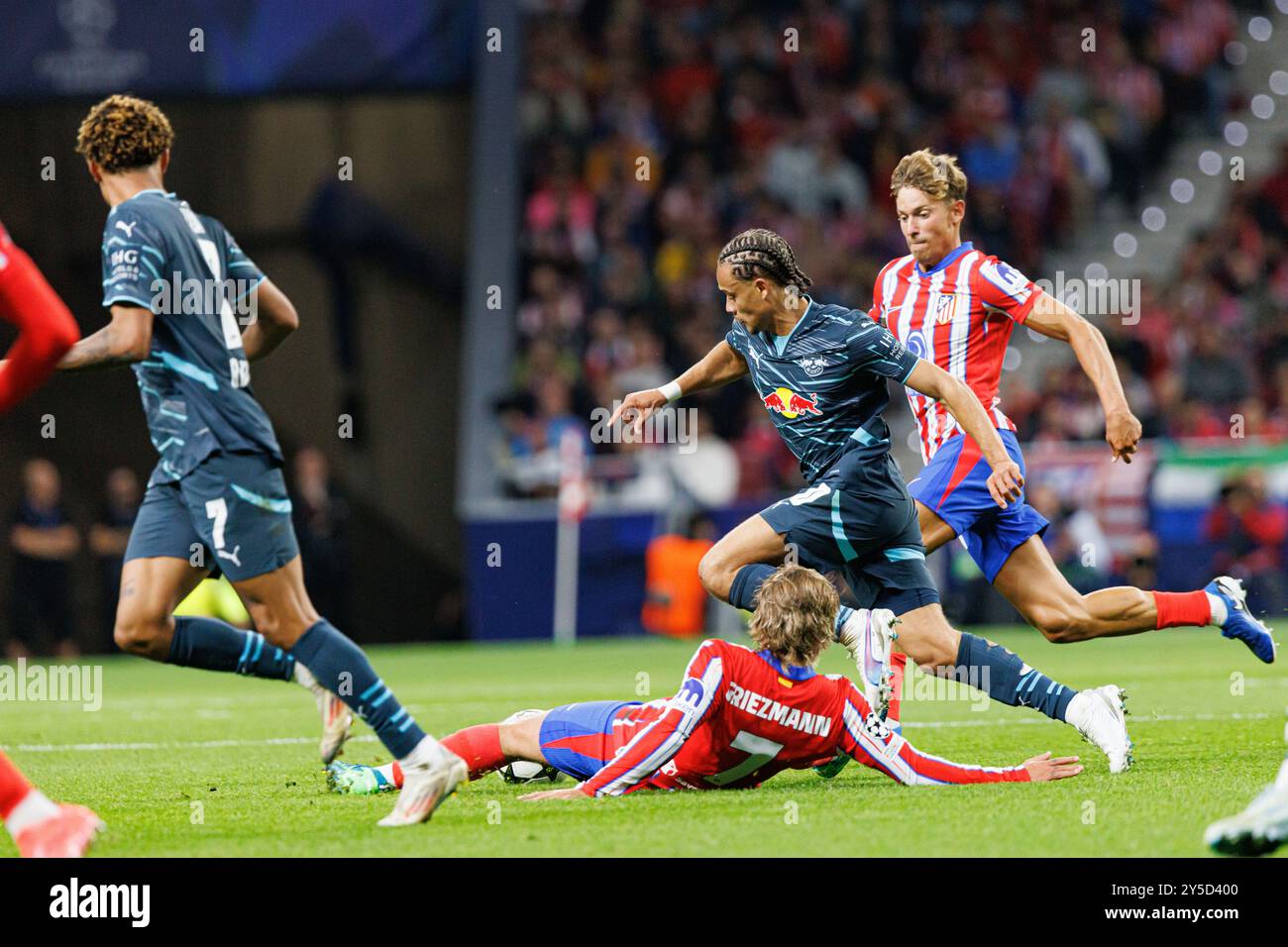 Antoine Griezmann, Xavi Simons seen during UEFA Champions League game ...