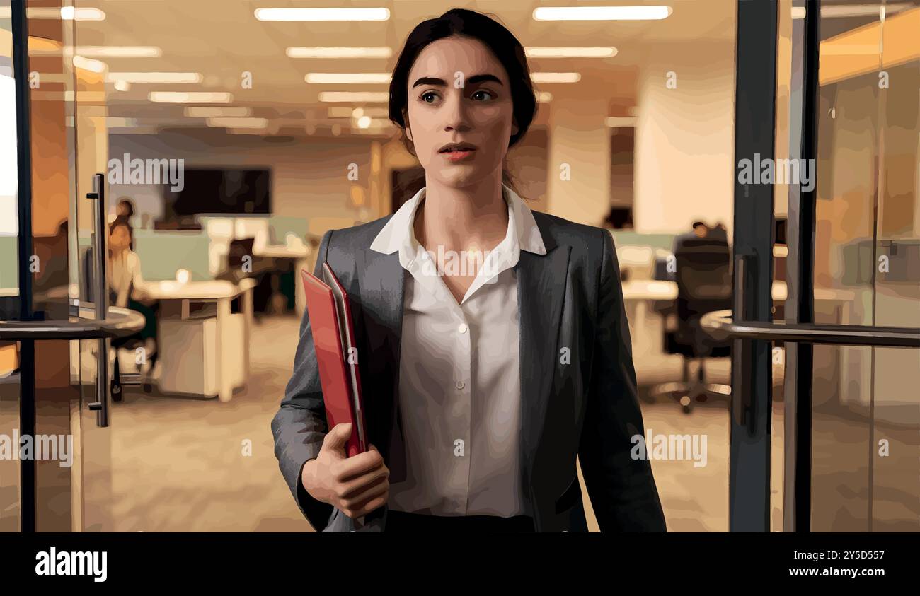A young woman, professionally dressed, steps into the office on her ...