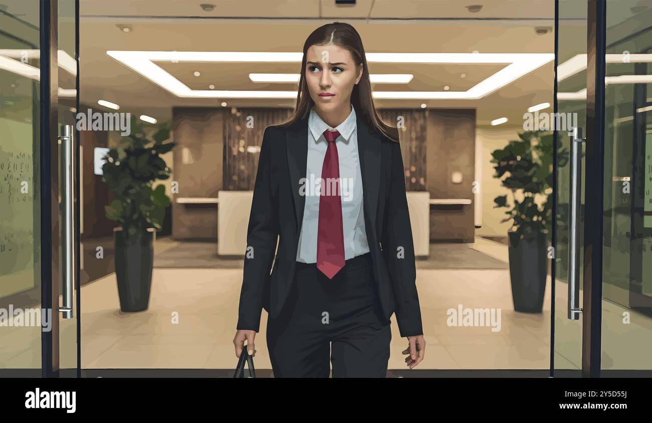 A young woman, professionally dressed, steps into the office on her ...