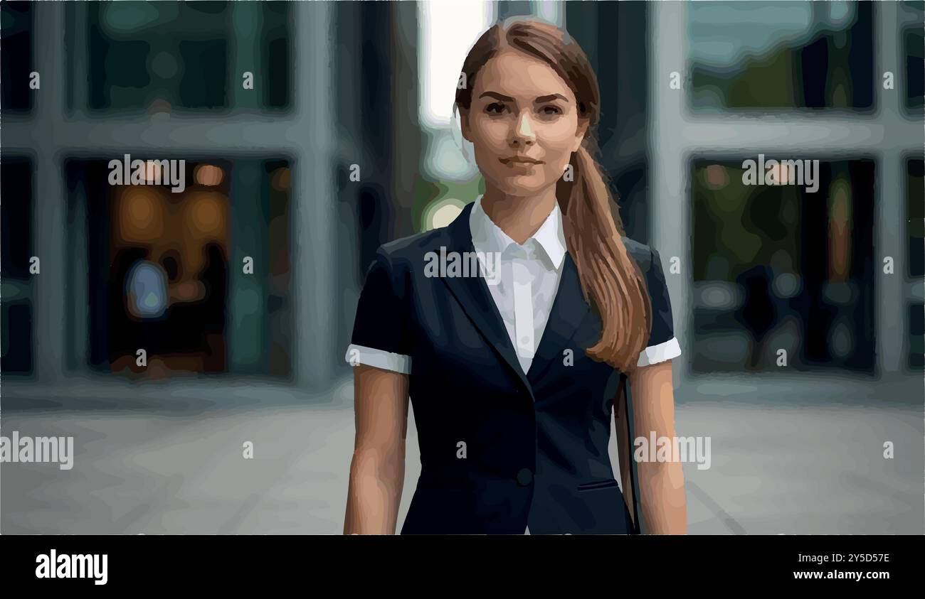 A young woman, professionally dressed, steps into the office on her ...