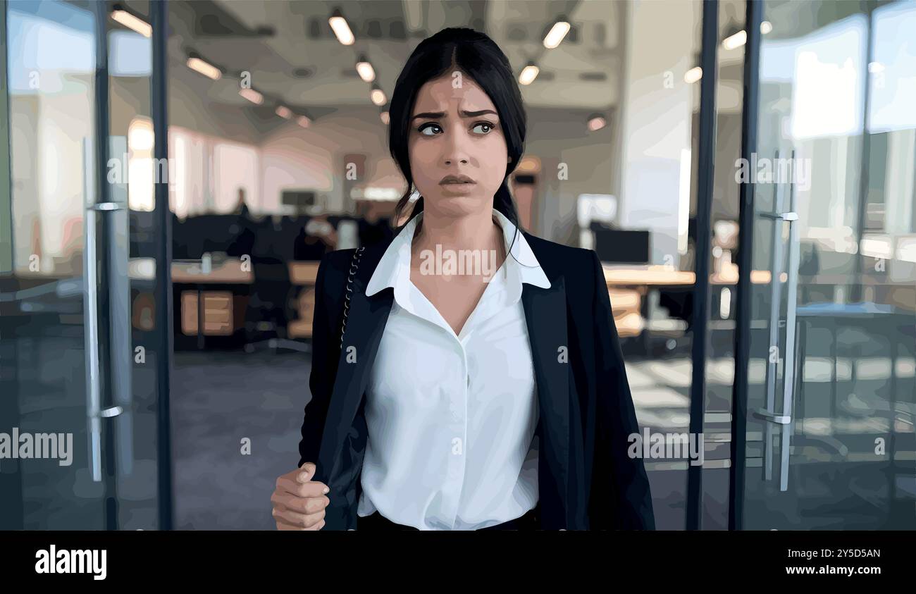 A young woman, professionally dressed, steps into the office on her ...