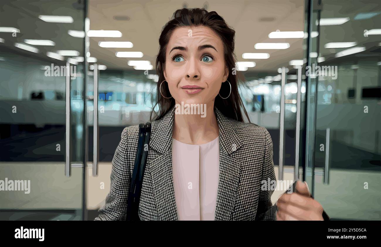 A young woman, professionally dressed, steps into the office on her ...