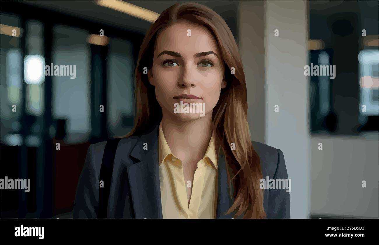 A young woman, professionally dressed, steps into the office on her ...