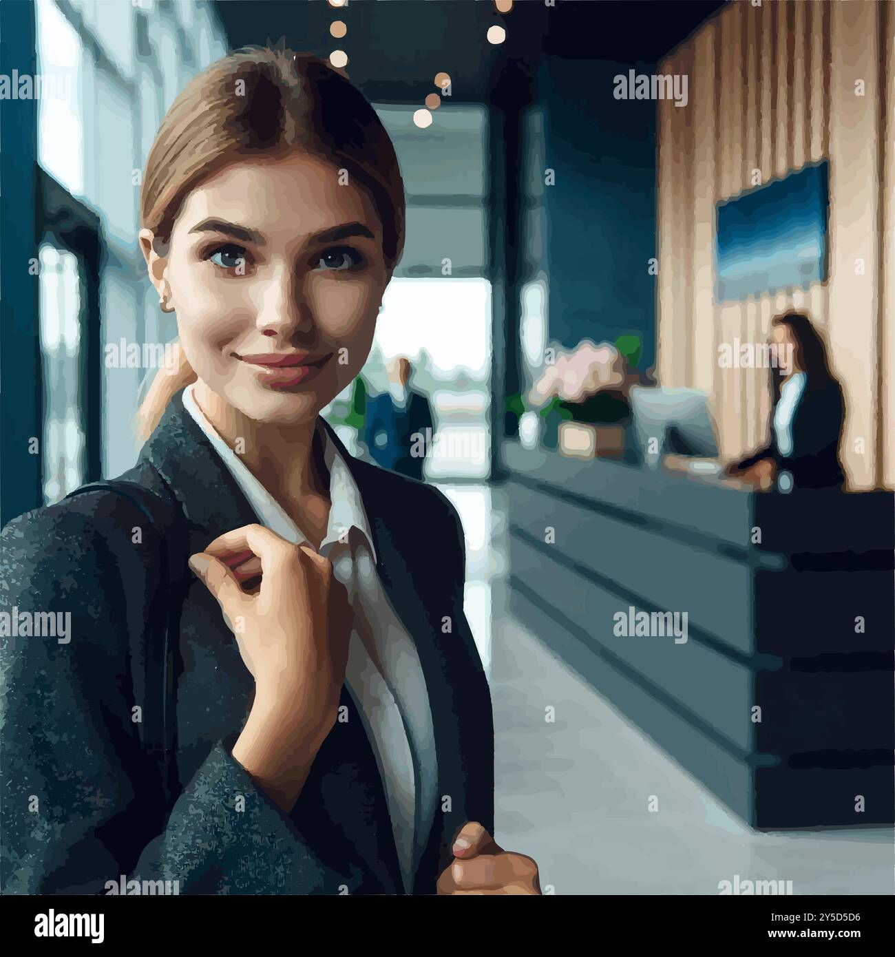 A young woman, professionally dressed, steps into the office on her ...