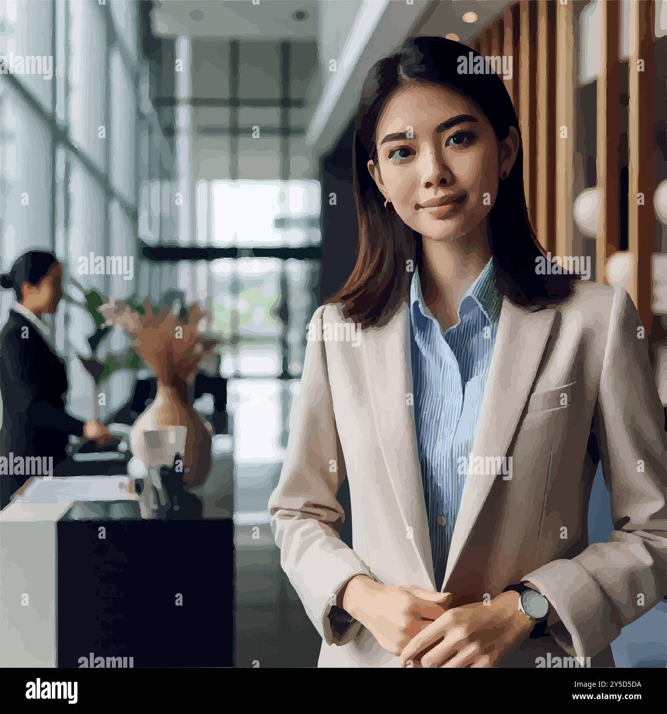 A young woman, professionally dressed, steps into the office on her ...