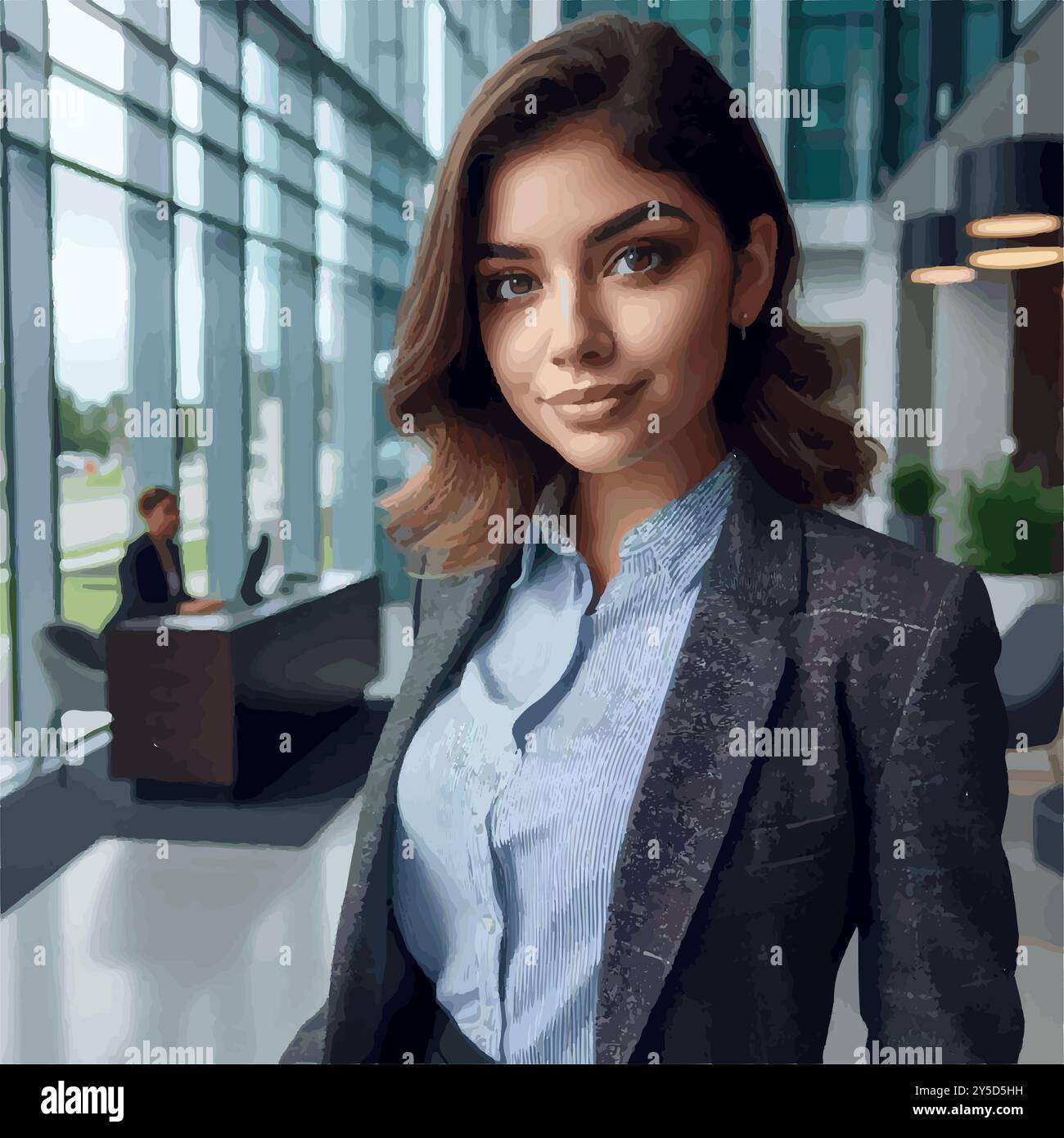 A young woman, professionally dressed, steps into the office on her ...