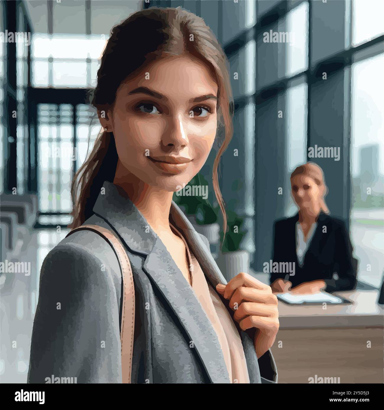 A young woman, professionally dressed, steps into the office on her first day of work, her eyes ...