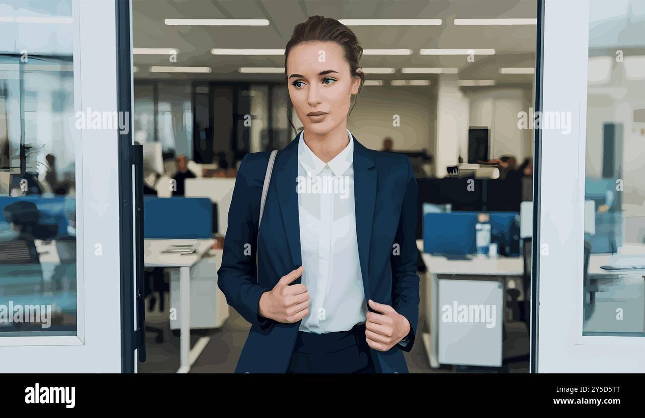 A young woman, professionally dressed, steps into the office on her ...