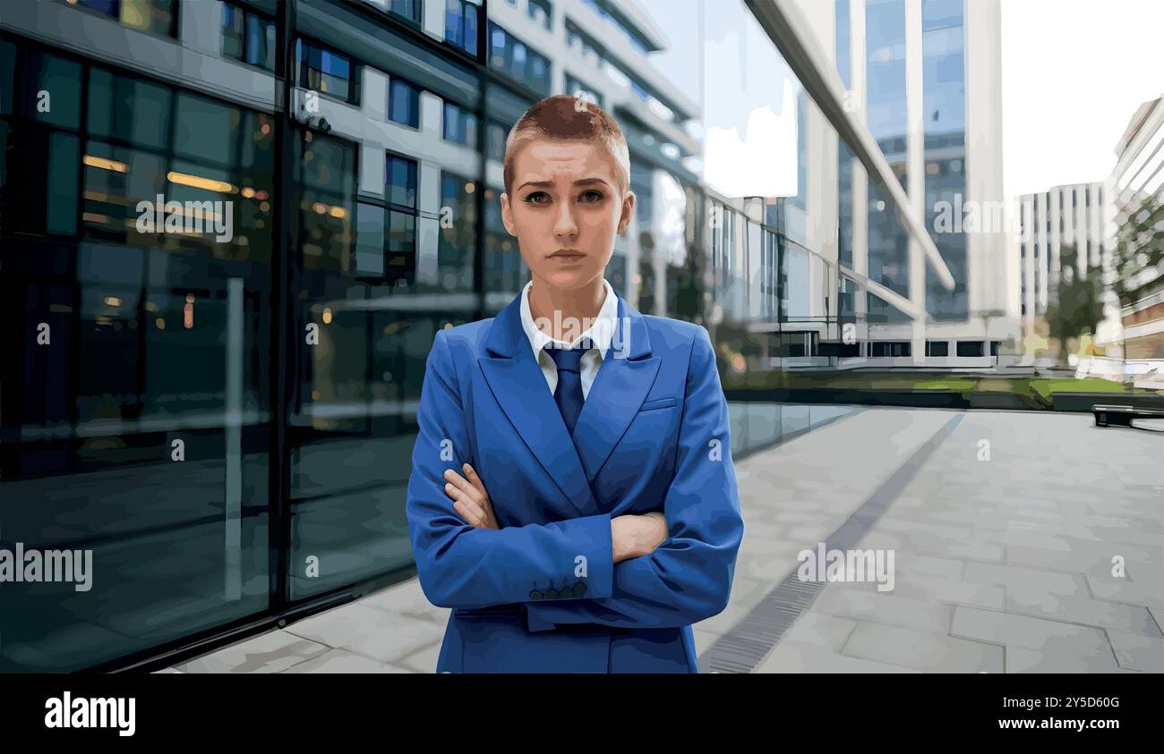 A young woman, professionally dressed, steps into the office on her ...