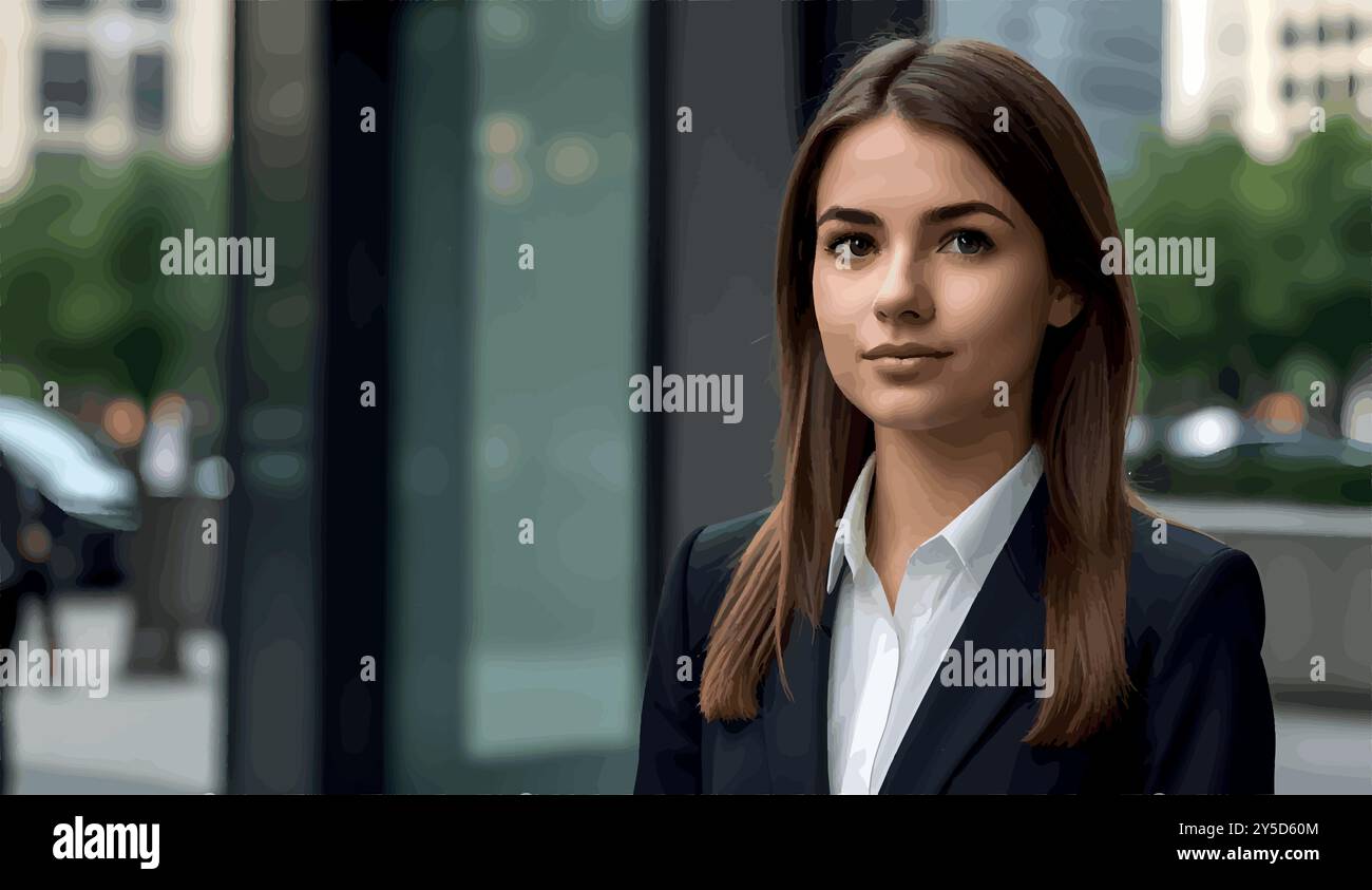A young woman, professionally dressed, steps into the office on her ...