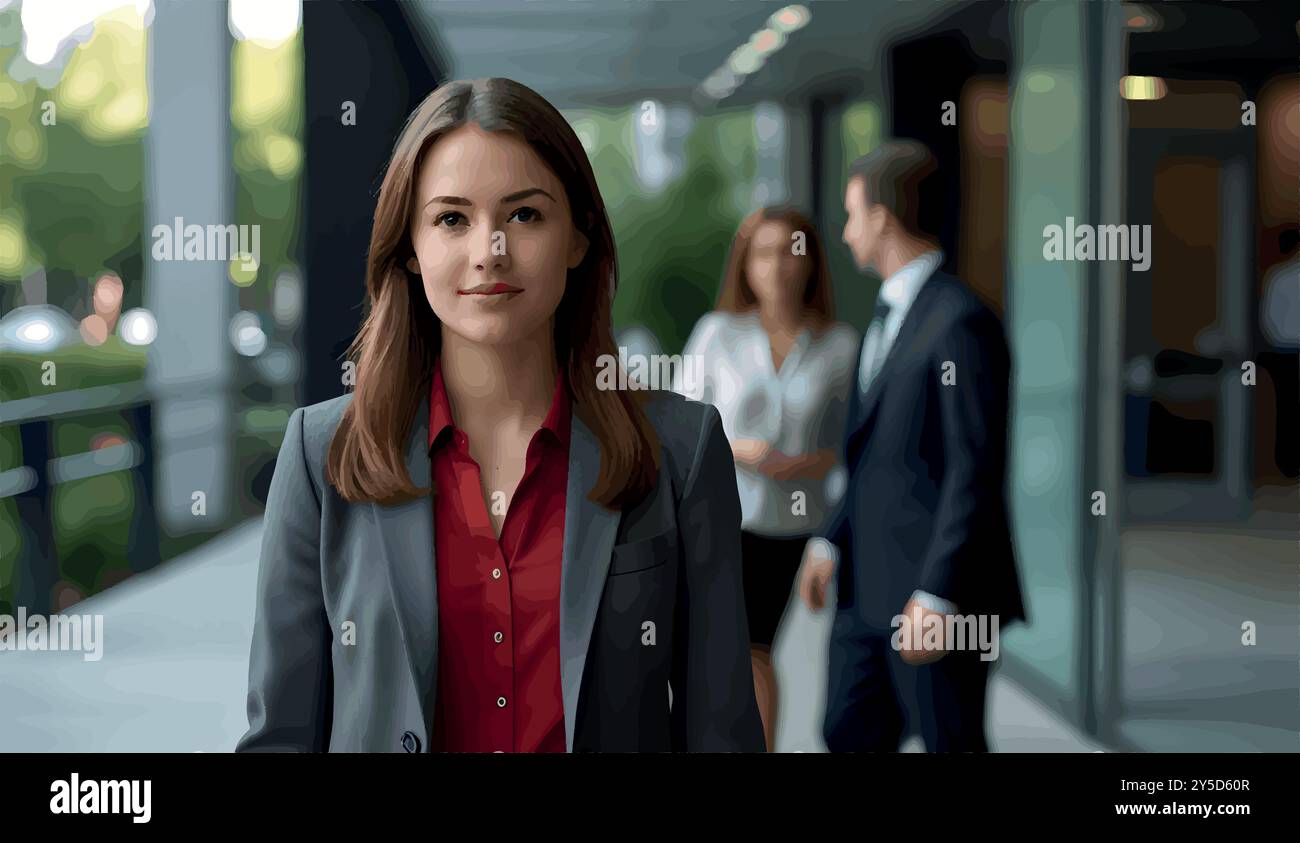 A young woman, professionally dressed, steps into the office on her ...