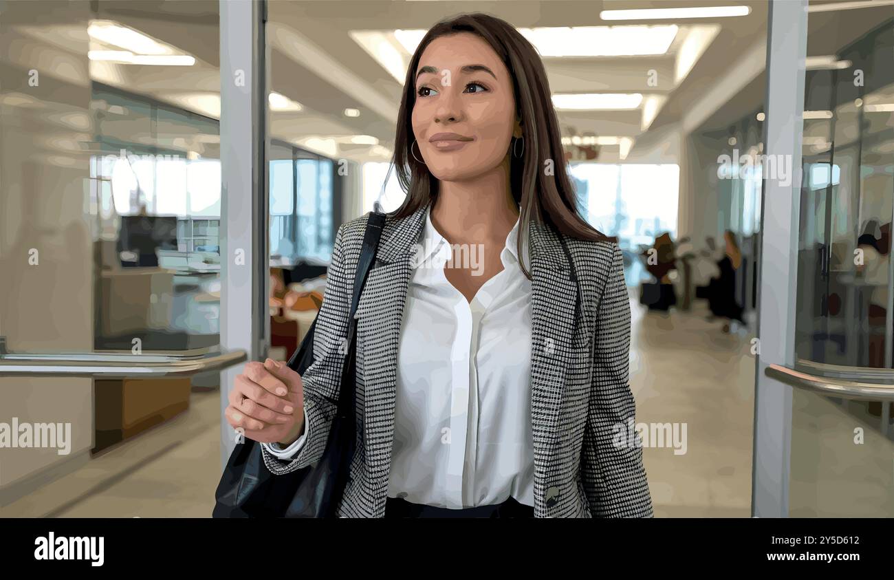 A young woman, professionally dressed, steps into the office on her ...