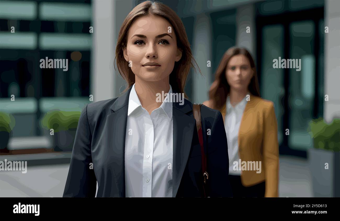 A young woman, professionally dressed, steps into the office on her ...