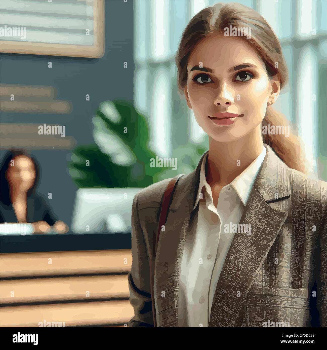 A young woman, professionally dressed, steps into the office on her ...