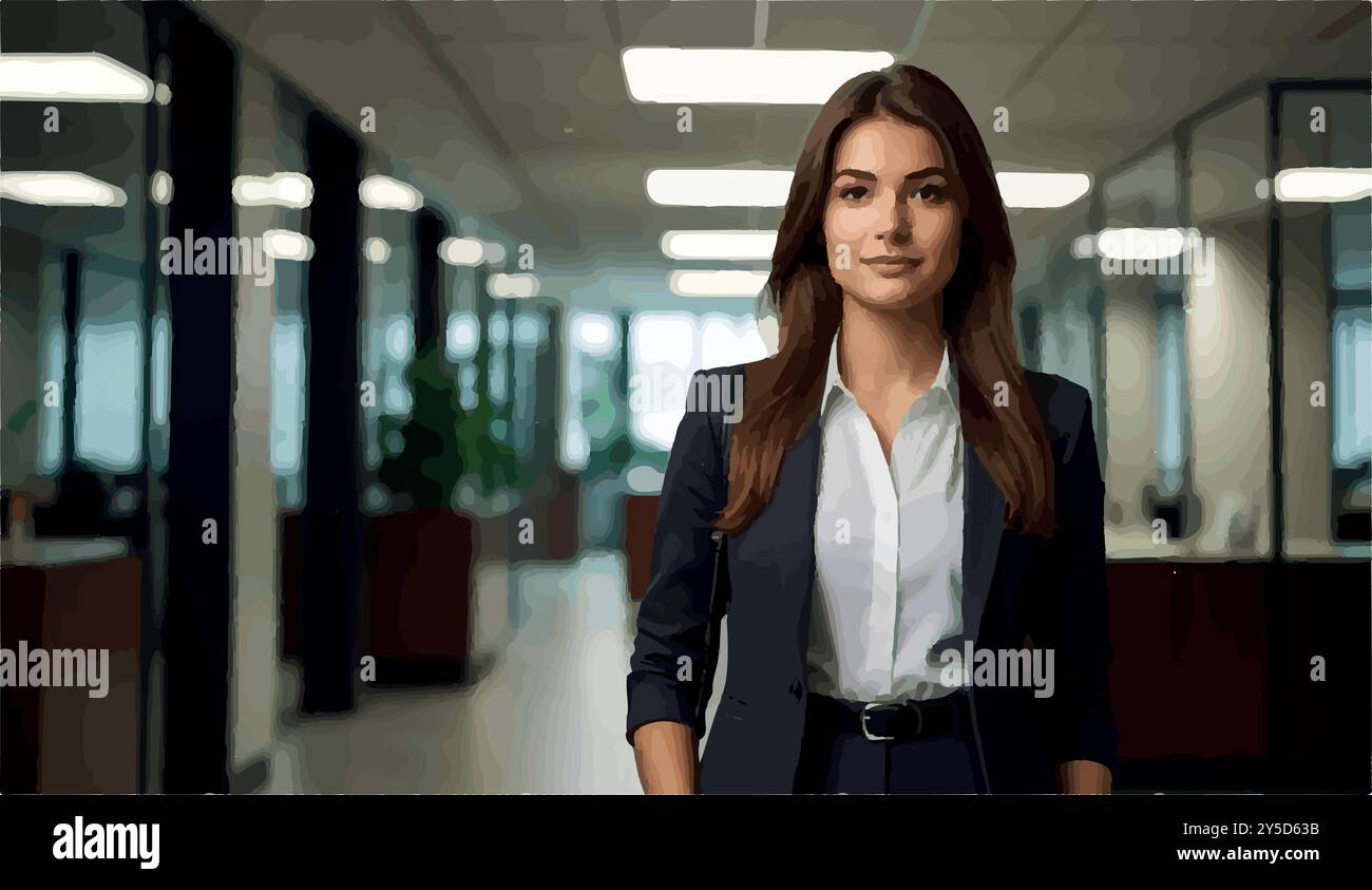 A young woman, professionally dressed, steps into the office on her ...