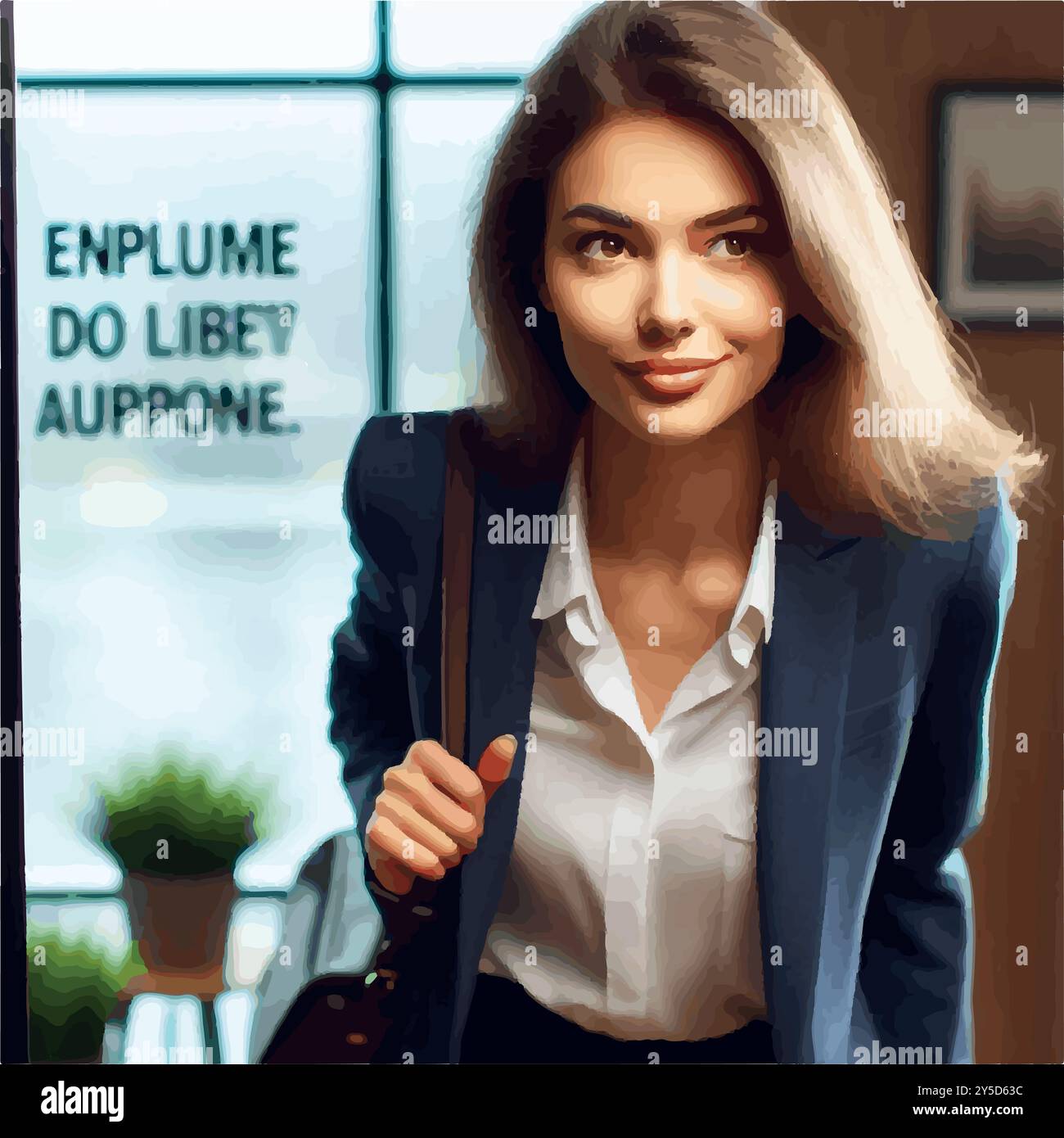 A young woman, professionally dressed, steps into the office on her ...