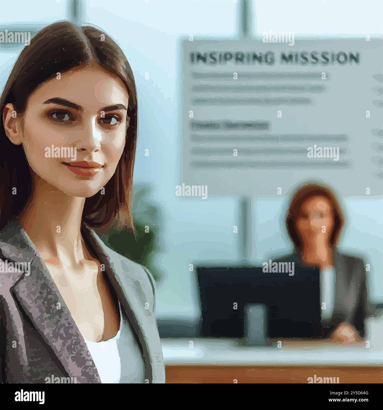 A young woman, professionally dressed, steps into the office on her ...