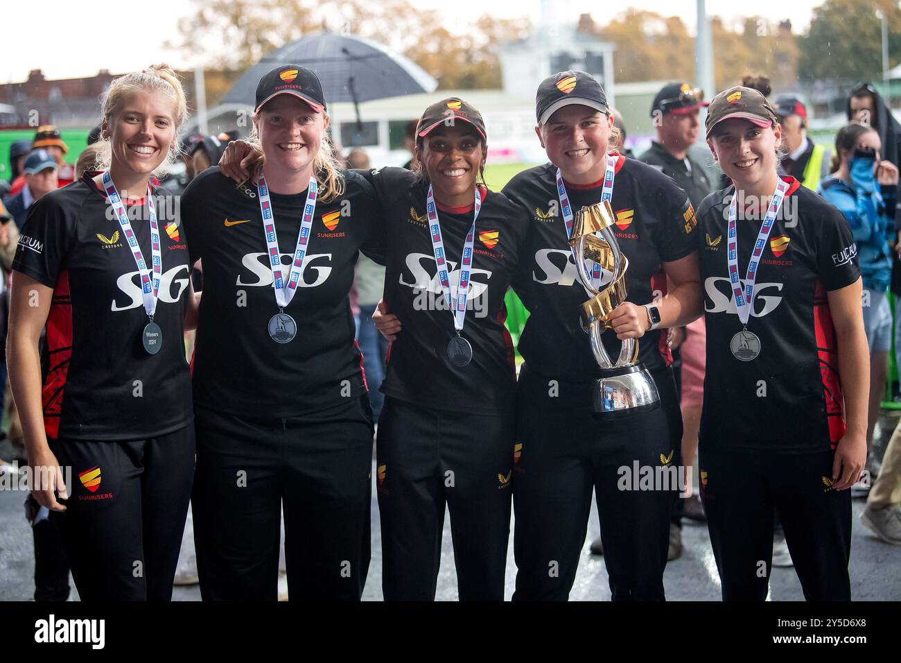 Leicester, UK. 21 September 2024. Sunrisers' from Left to right, Kelly ...