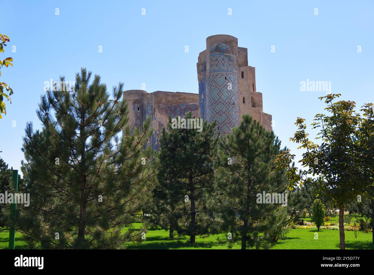 View through park on remains of the Ak Saray Palace of Amir Timur in ...