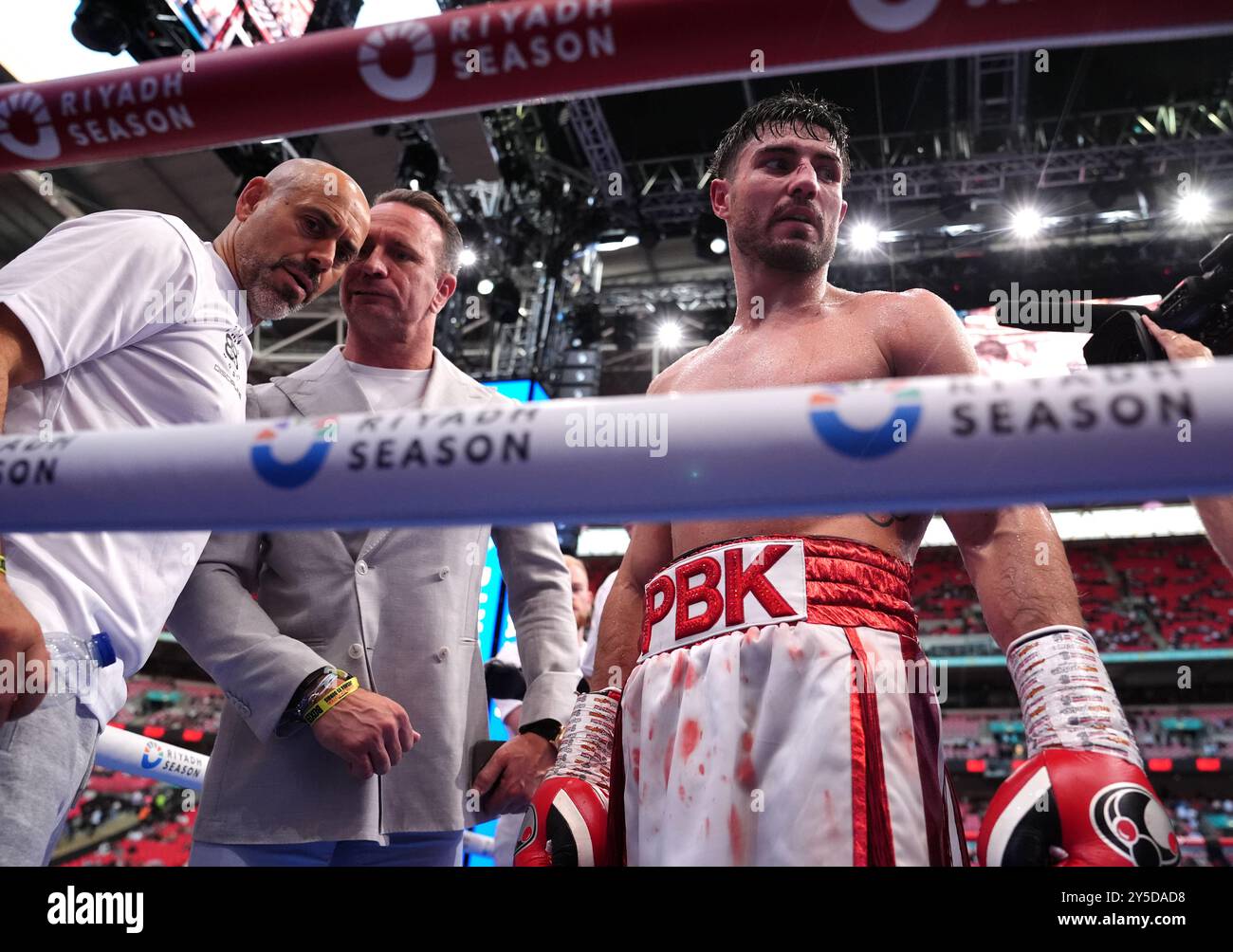 Josh Kelly reacts following the middle weight bout at Wembley Stadium ...