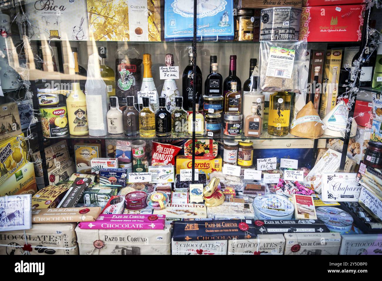 Traditional spanish galician gourmet deli food shop display window in ...