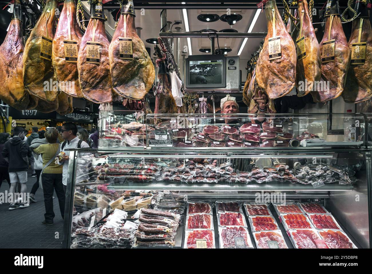Traditional cured meat and sausage shop in la boqueria market of ...