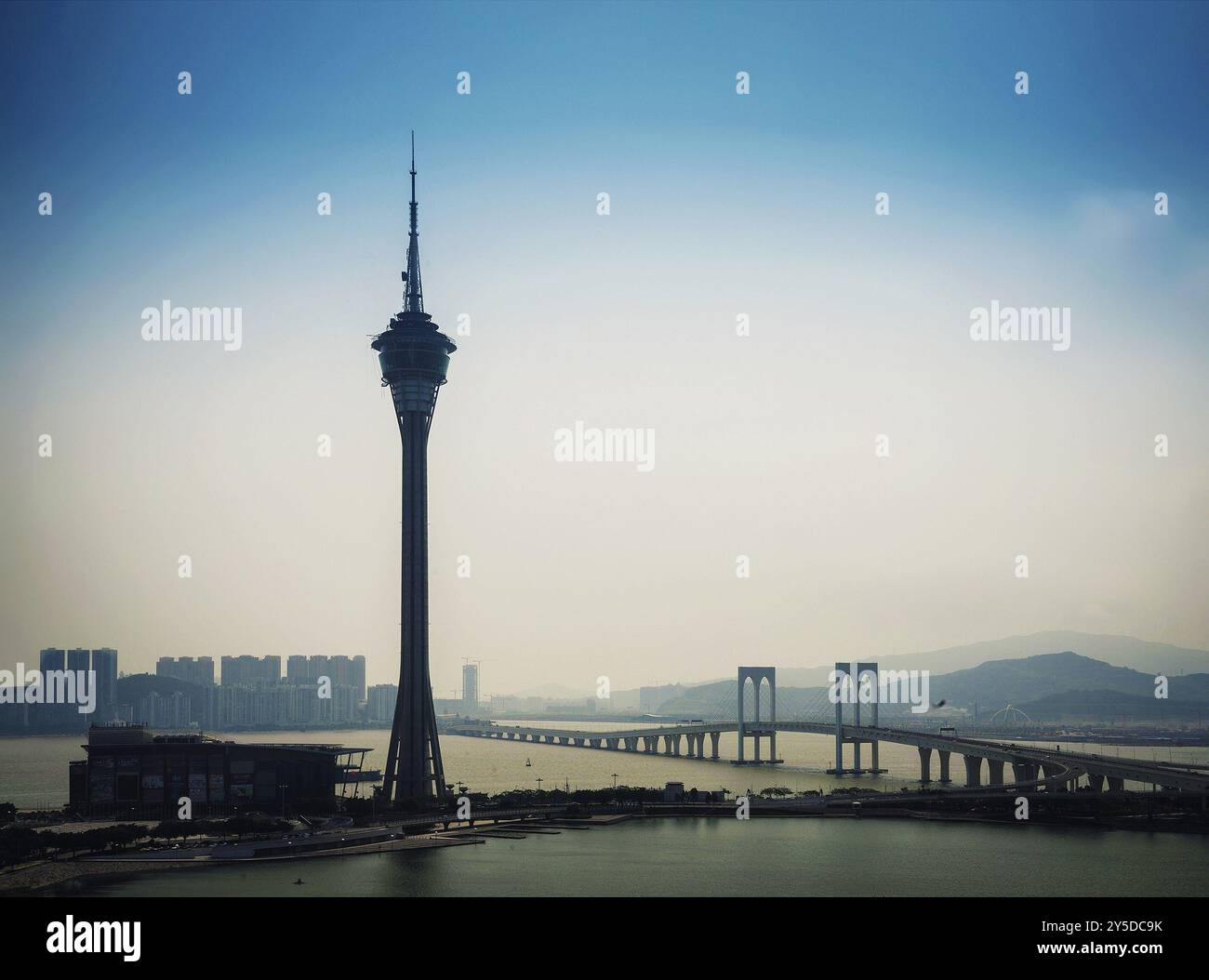 Macau tower urban landmark skyline and taipa bridge in macao china ...