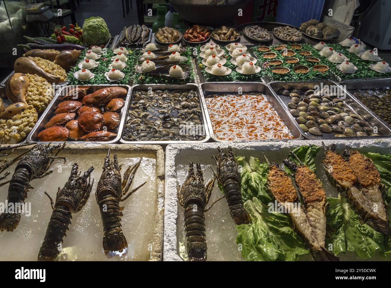 Gourmet mixed fresh seafood on display at xiamen street market china ...