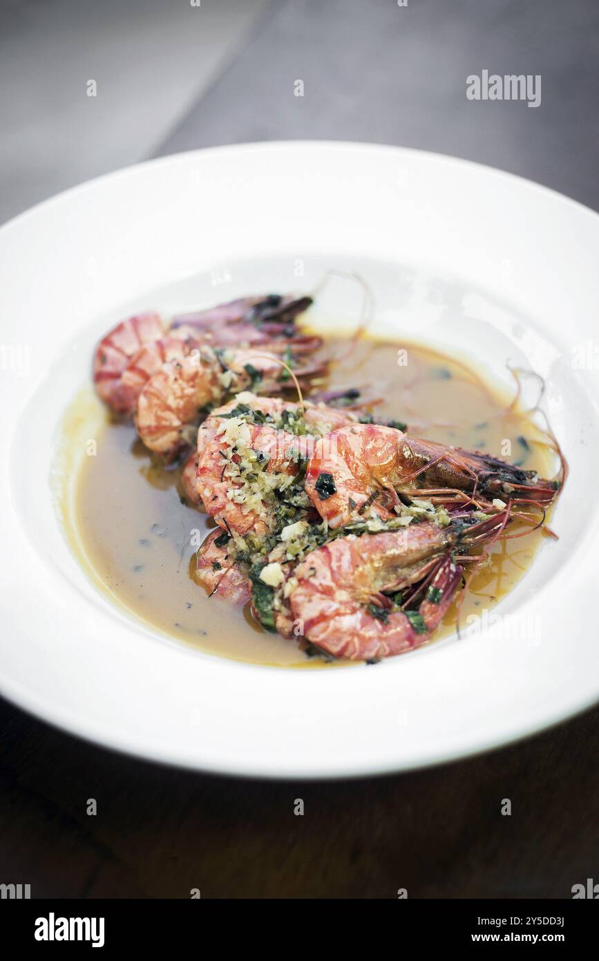Fresh prawn shimps in garlic butter olive oil seafood sauce Stock Photo ...