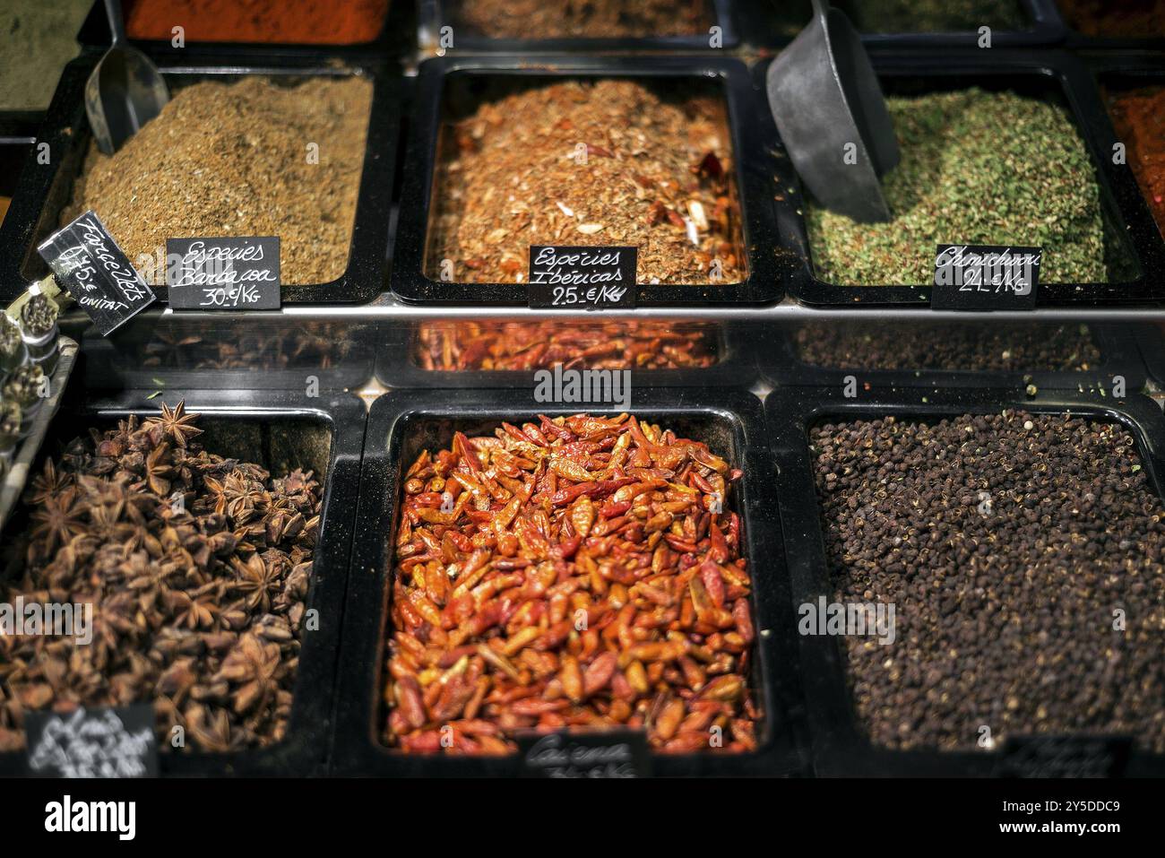 Gourmet exotic mixed spice and herb stall display at la boqueria market ...