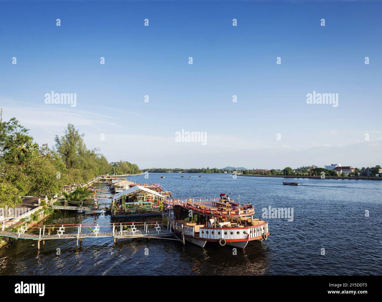 View of river boat tourist restaurants in kampot town cambodia Stock ...