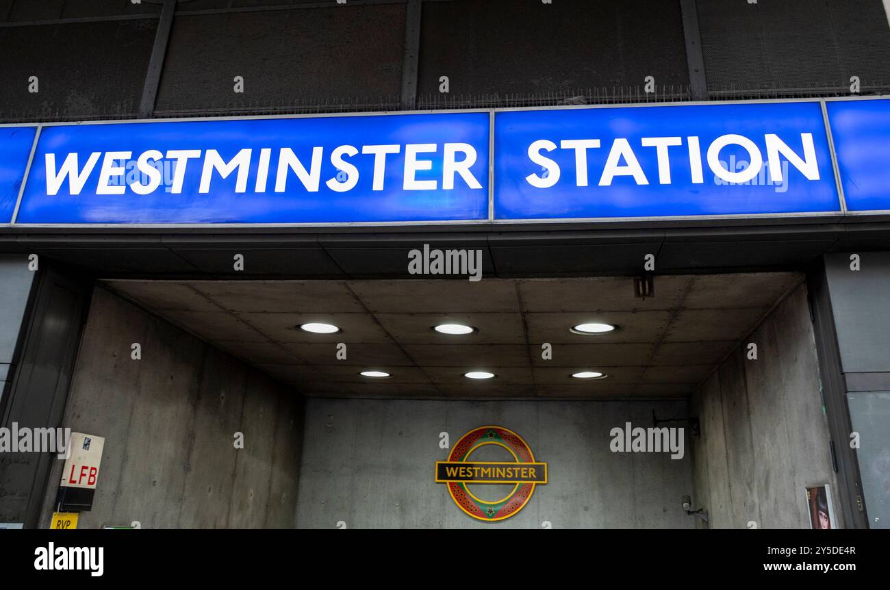 London, UK - March, 22, 2024 : Westminster tube station entrance sign ...
