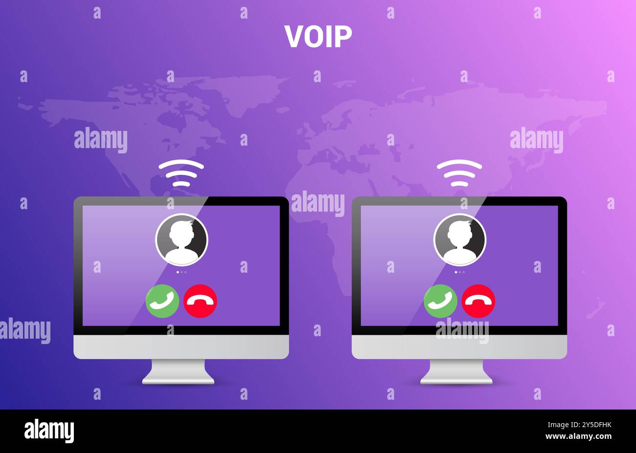 VoIP communication technology concept. Voice over Internet Protocol call on computer screens ...