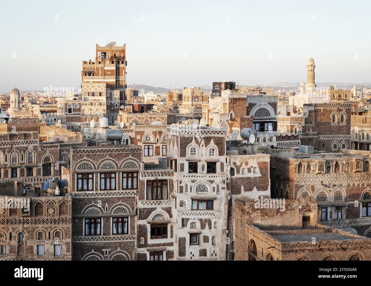 View of central sanaa city old town skyline traditional buildings in ...
