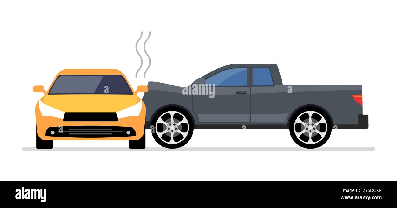 Car accident illustration. Front view collision sedan pickup truck ...