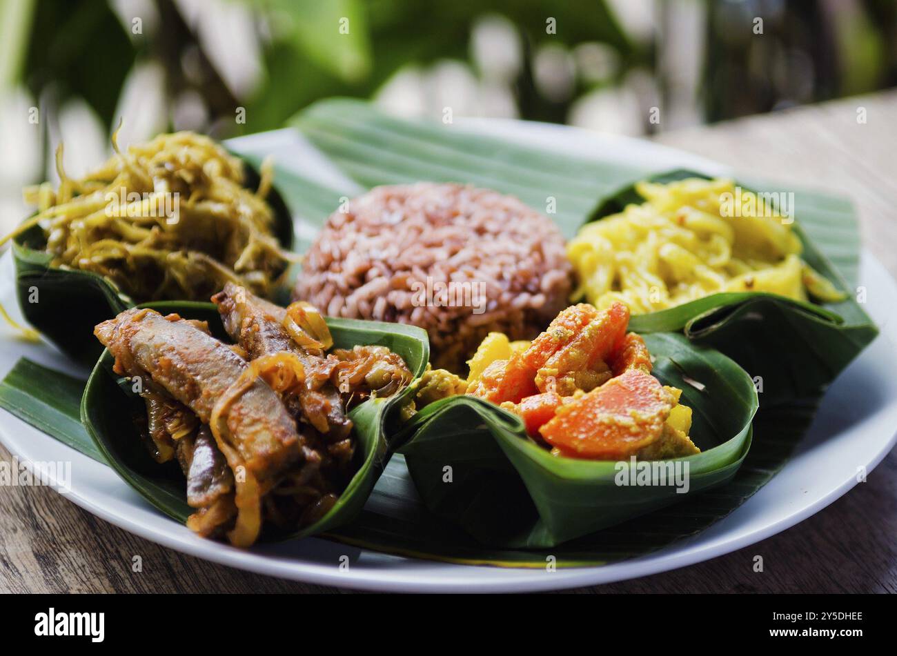 Vegetarian traditional curry and brown rice meal in bali indonesia ...