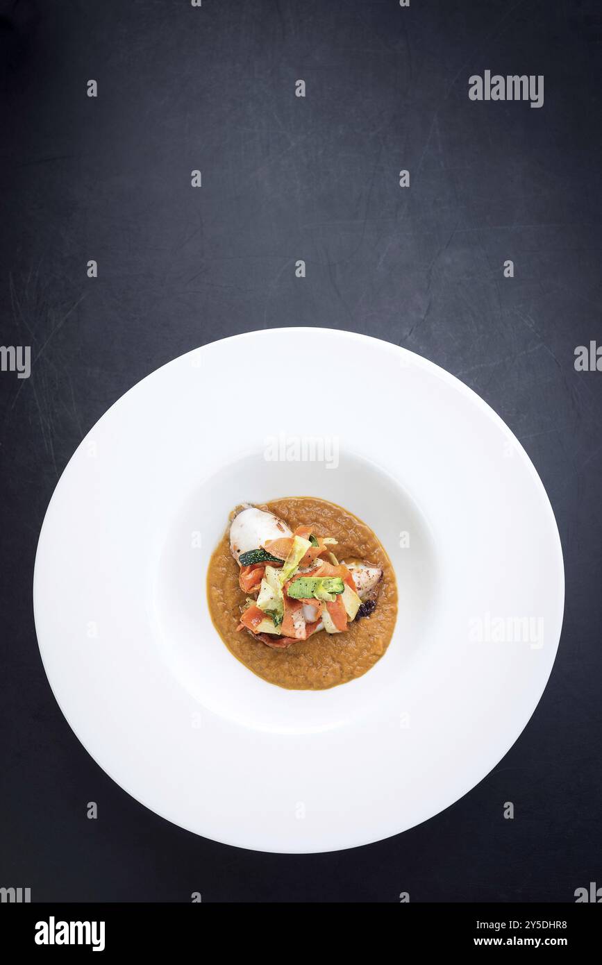 Gourmet stuffed squid with vegetables in spicy pumpkin curry puree ...