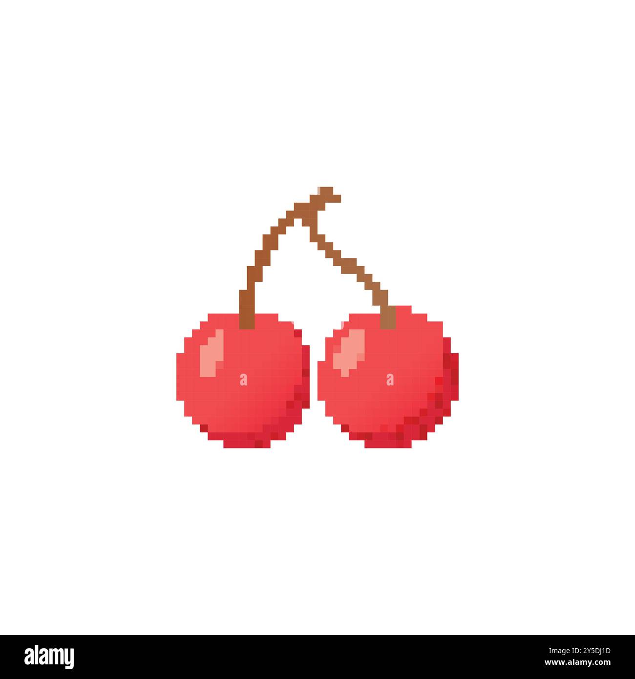 Pixelated cherries with simple design. Two red cherries connected by stems in pixel art style ...