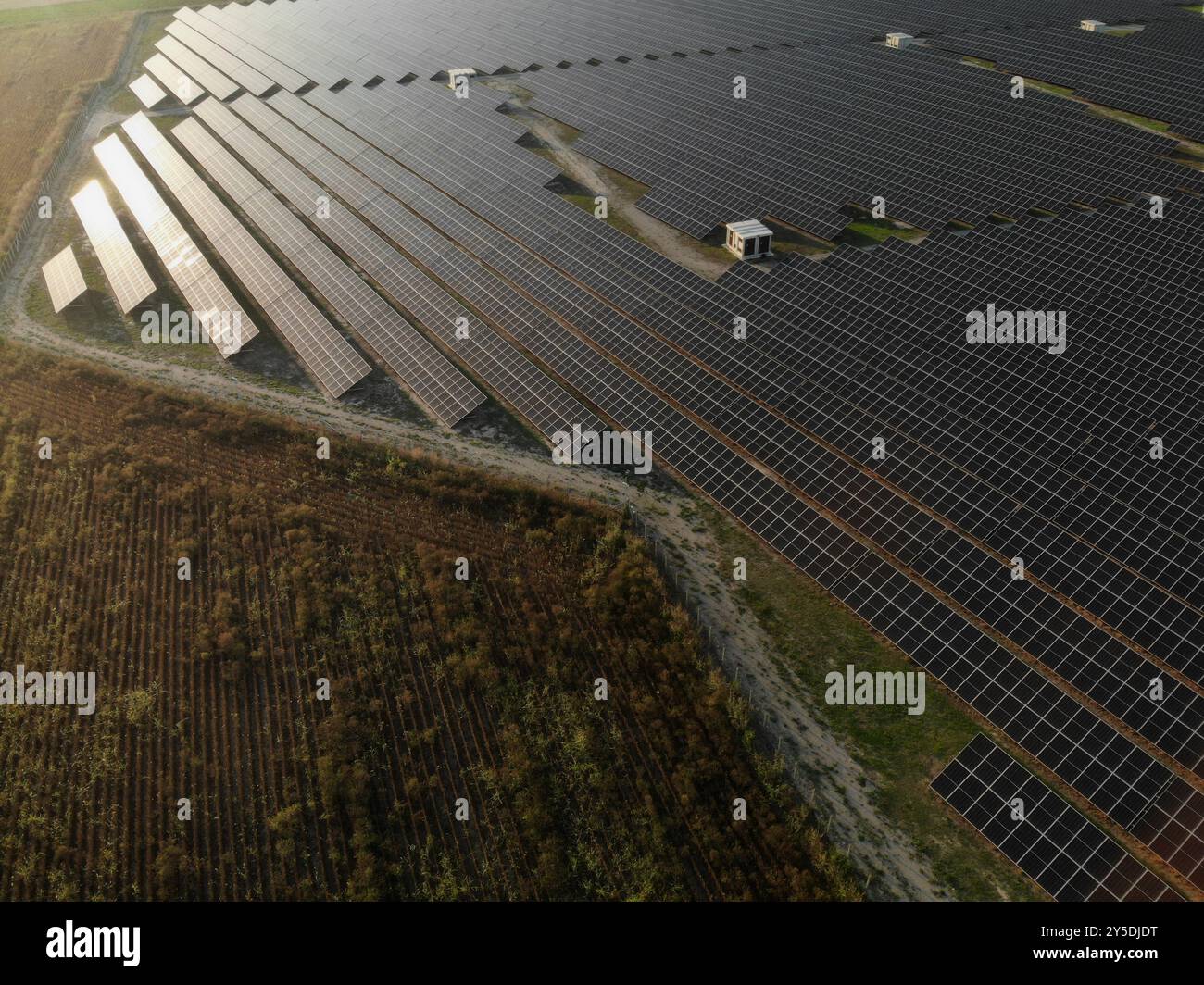 Aerial View of a Solar Power Plant, Large Solar Farm collecting ...