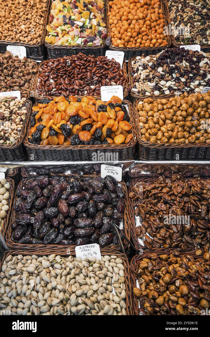 Dried fruits and nuts deli stall display at la boqueria market in ...