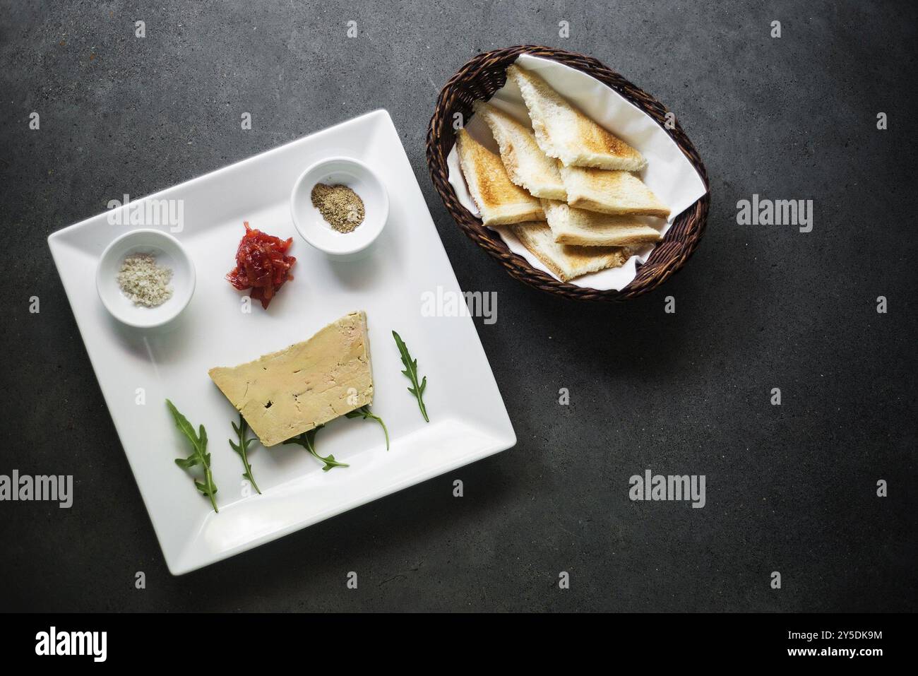 Traditional french foie gras duck pate and toast starter snack platter ...
